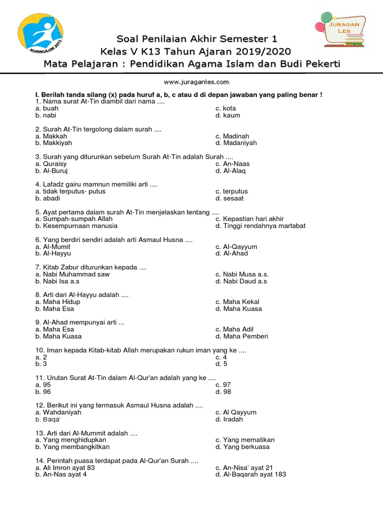 Soal PAS Pendidikan Agama Islam Kelas 5 Semester 1 2019 | PDF