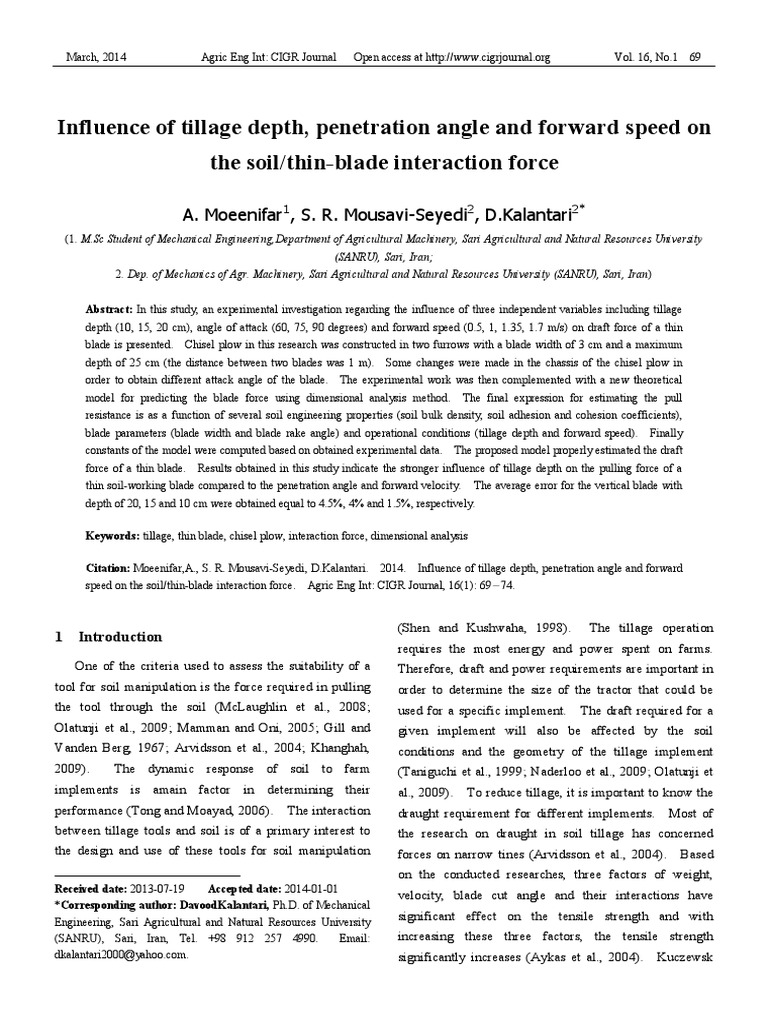 Influence of Tillage Depth, Penetration Angle and Forward Speed On ...