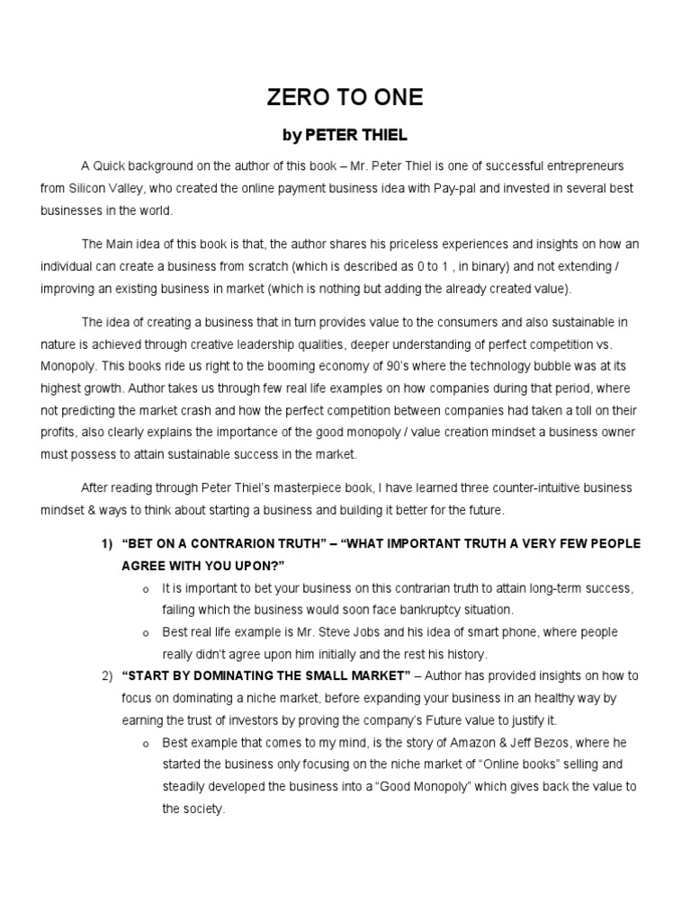 Zero To One - Book Report | Download Free PDF | Monopoly | Market ...