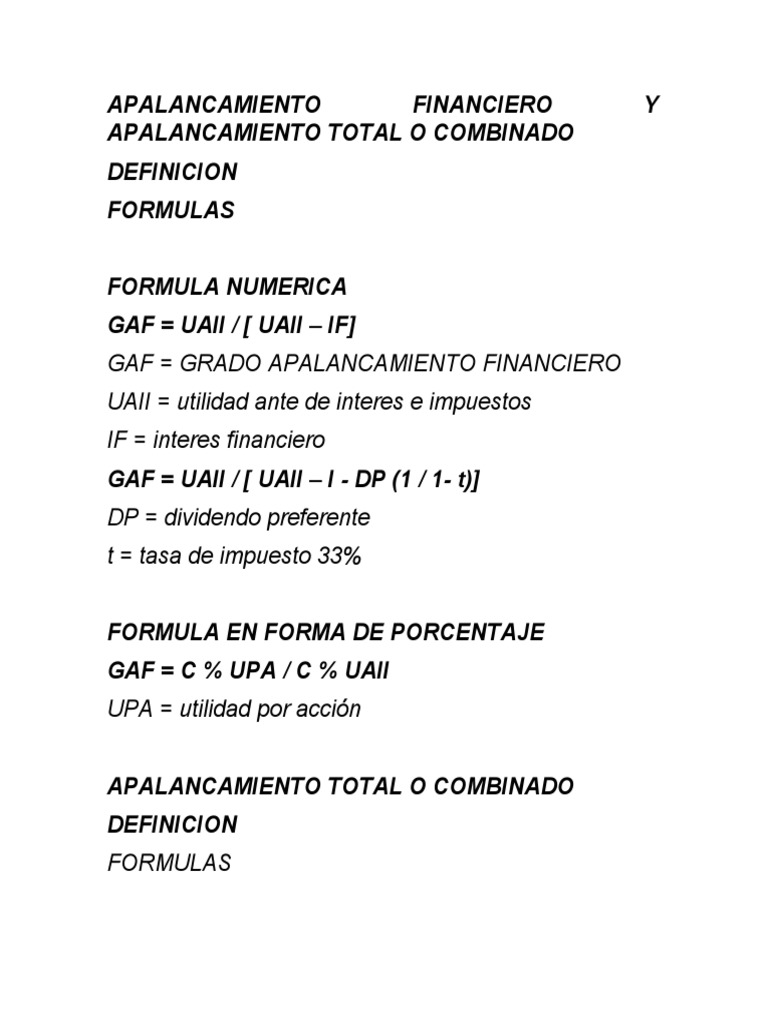 Fórmulas De Apalancamiento Financiero Pdf Apalancamiento Finanzas
