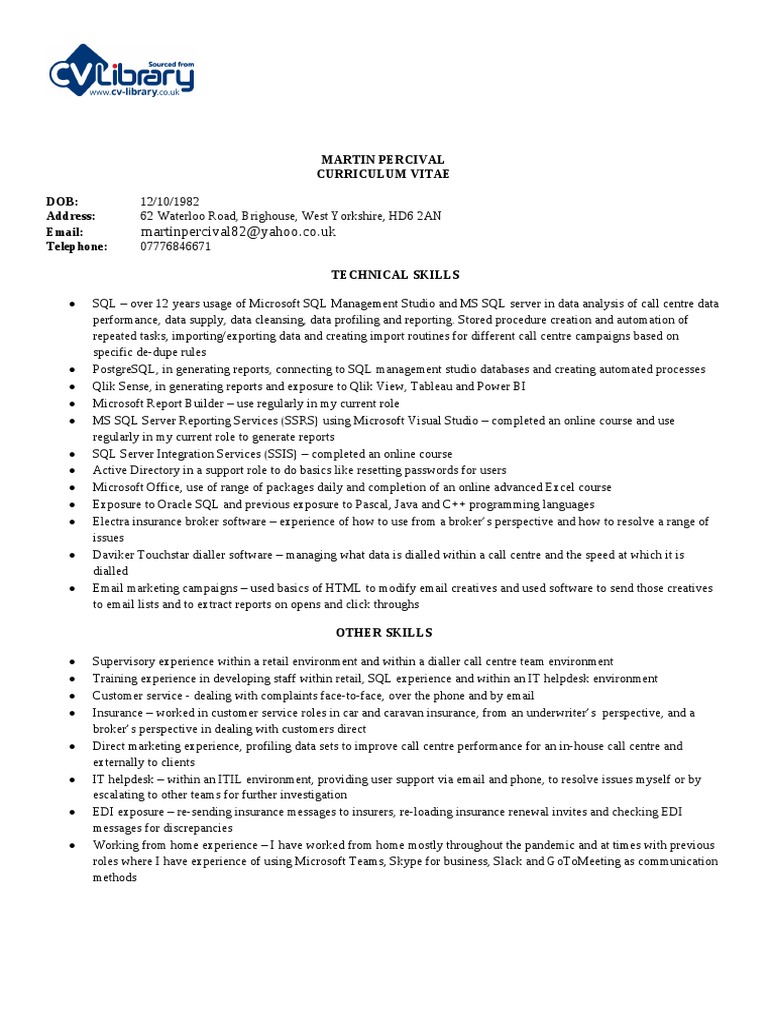 SourceBreaker - Martin-Percival-15656184-cv-library | PDF | Sql | Databases