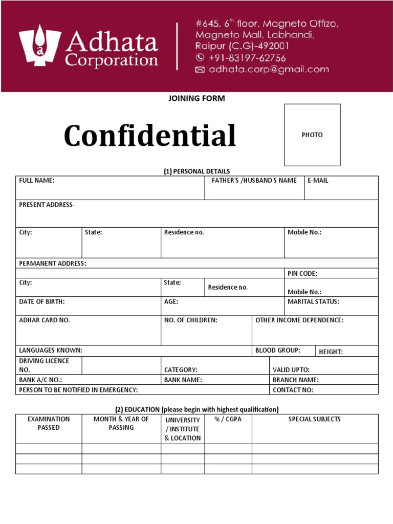 Joining Form | PDF | Signature | Employment