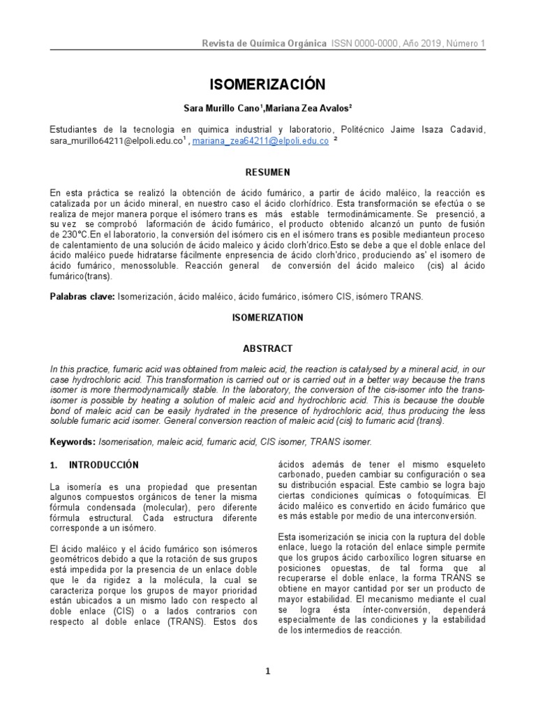 Isomerización - Sara Murillo, Mariana Zea Avalos | PDF | Ácido | Moléculas