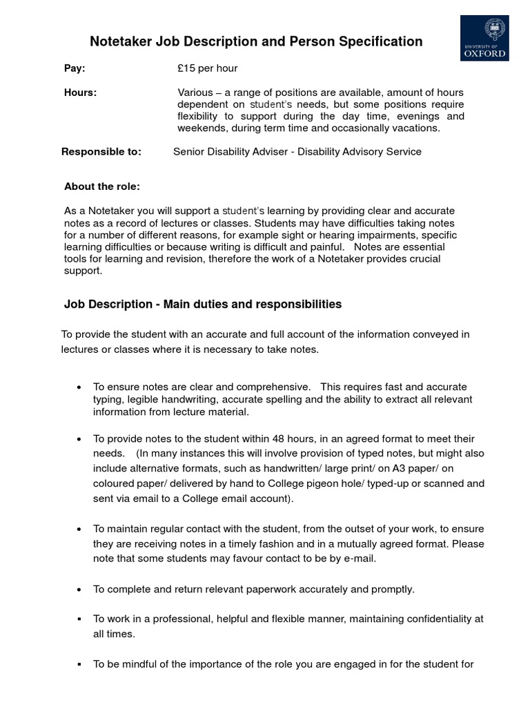 Notetaker Job Description and Person Specification | PDF | Disability ...