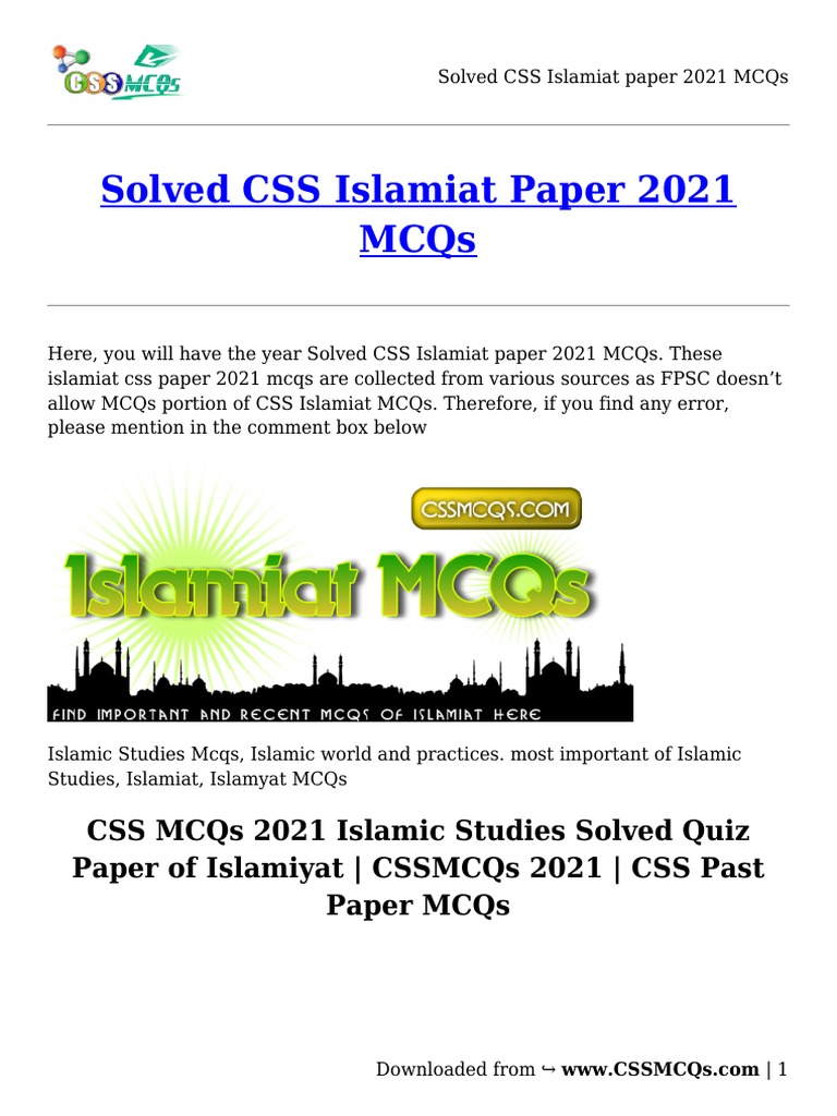 Solved Css Islamiat Paper 2021 Mcqs Pdf Multiple Choice Muhammad
