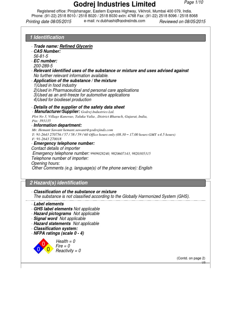 Refined Glycerin Safety Data Sheet | PDF | Dangerous Goods | Toxicity