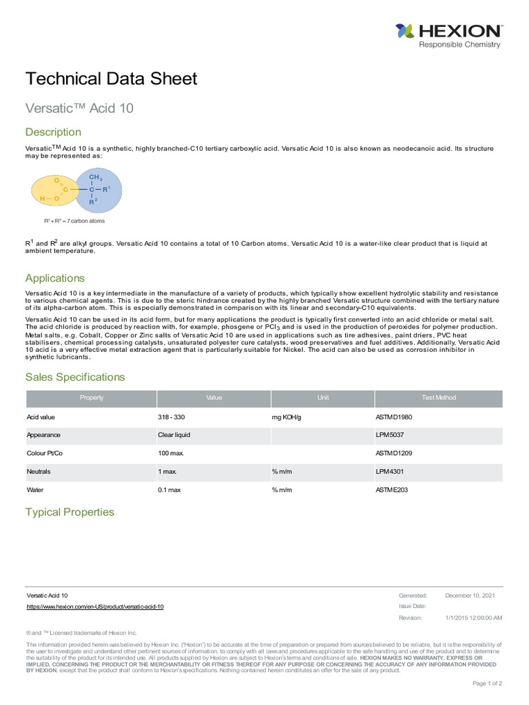 Technical Data Sheet: Versatic™ Acid 10 | PDF | Catalysis | Metals