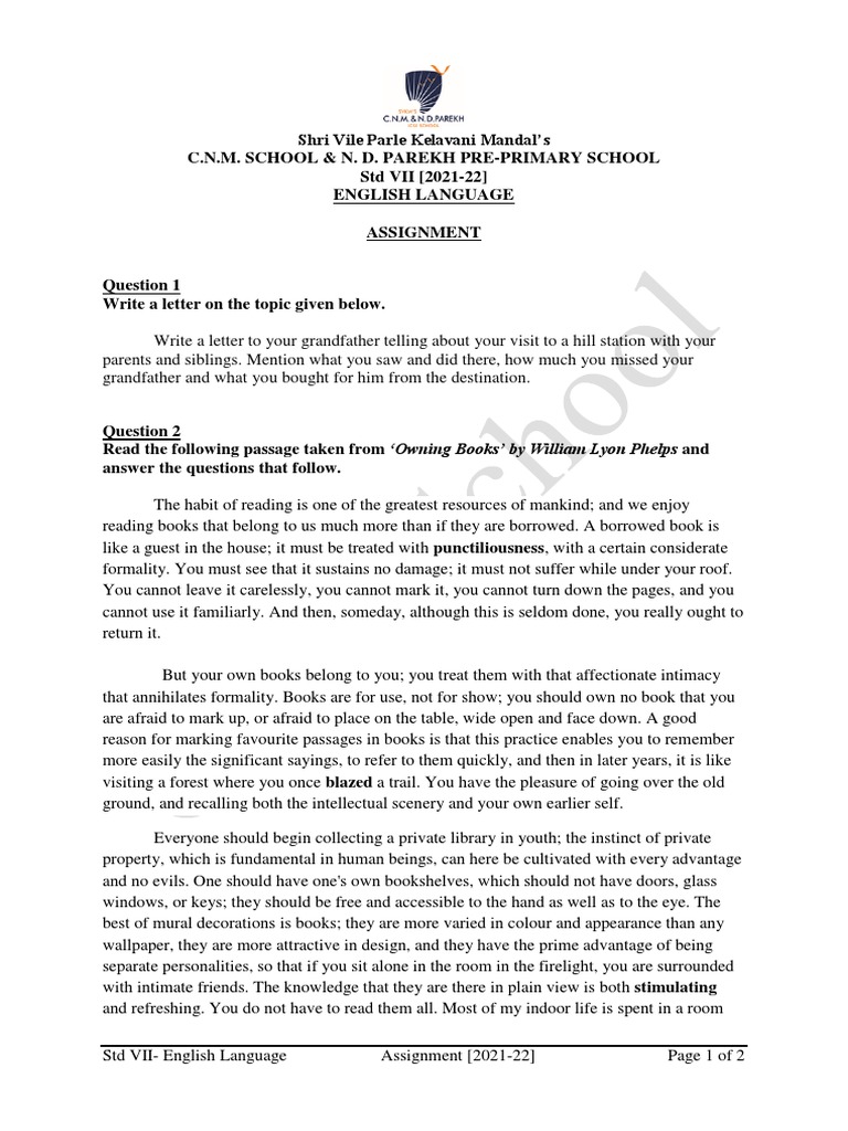 STD 7 - English Language - Assignment - Comprehension and Letter | PDF