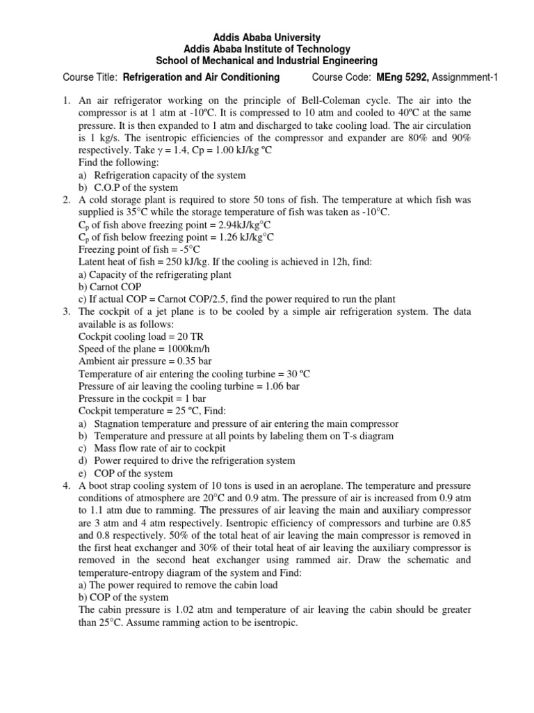 Assignment 1 | PDF | Refrigeration | Mechanical Engineering