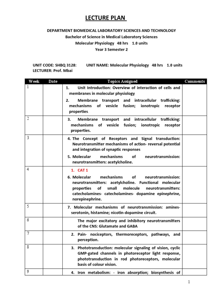 Molecular Physiology Lecture Plan | PDF | Neurotransmitter | Molecular ...