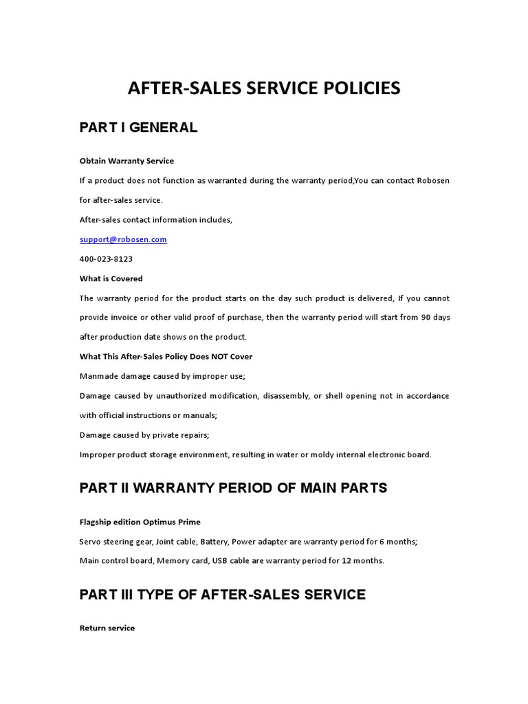 After-Sales Service Policies: Part I General | PDF