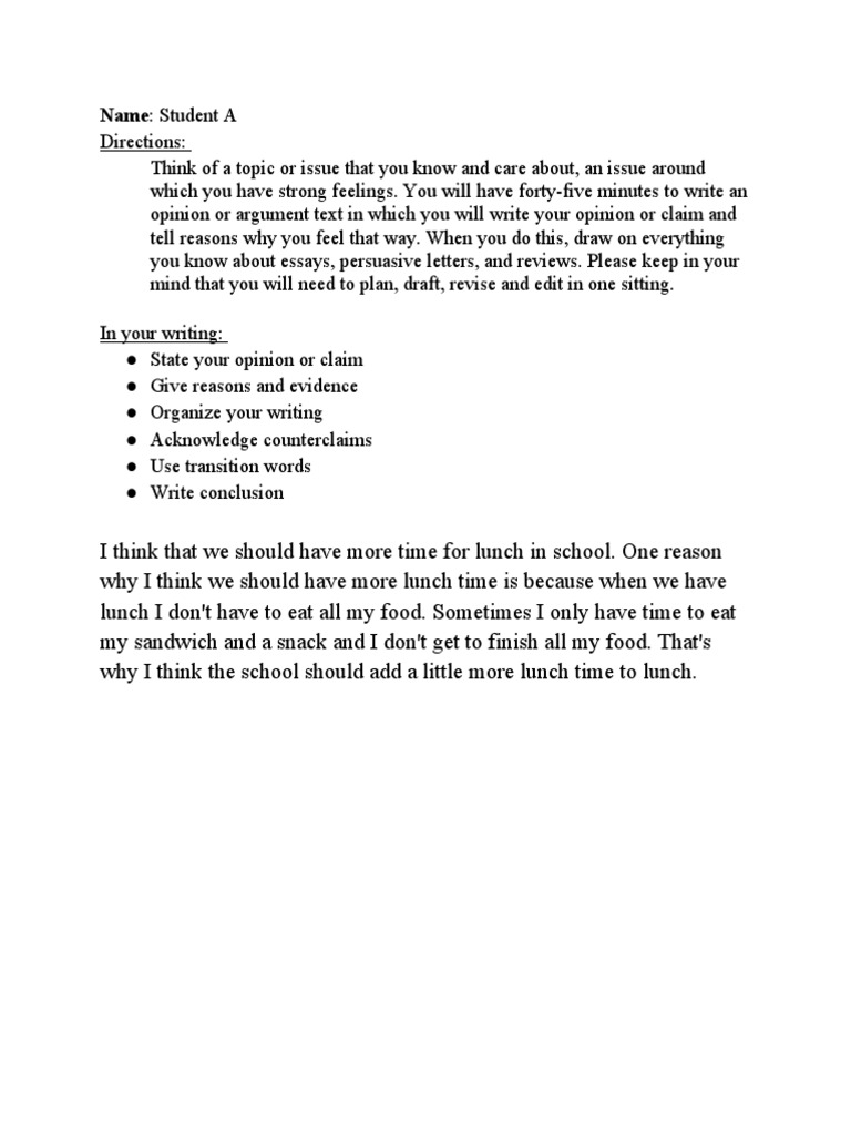 Student A - Opinion Writing Pre-Assessment | PDF