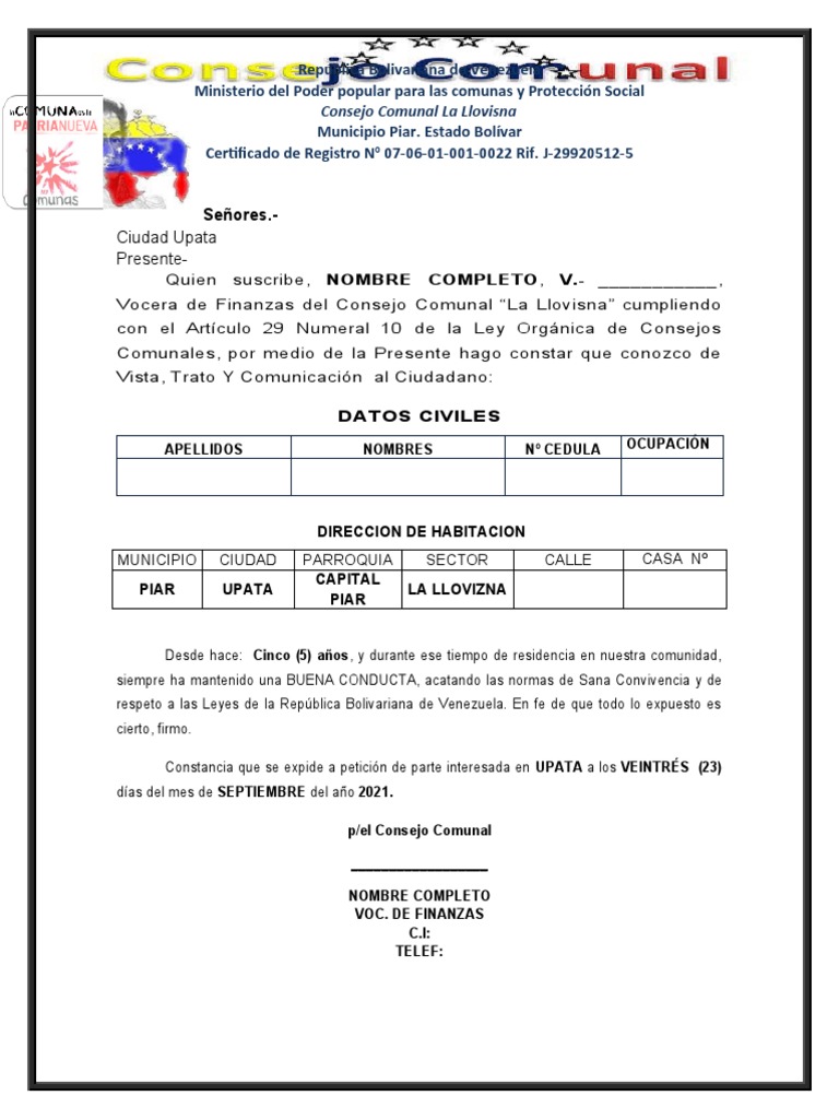 Consejo Comunal Carta de Buena Conducta Modelo | PDF