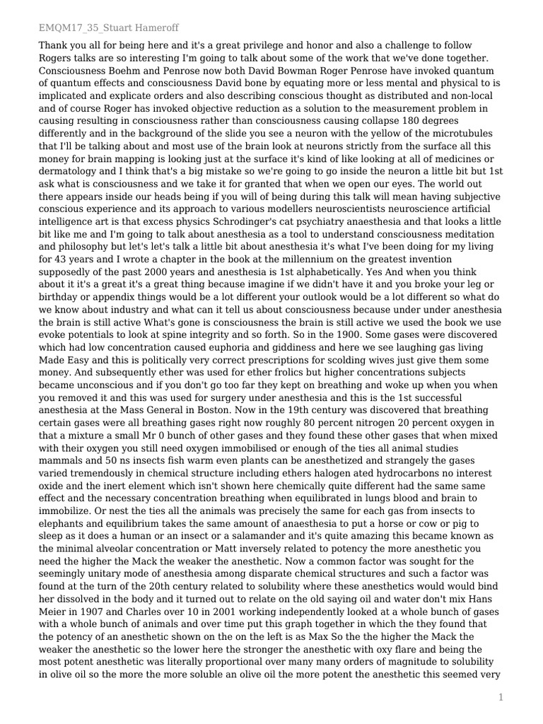 EMQM17 - 35 - Stuart Hameroff | PDF | Consciousness | Anesthesia