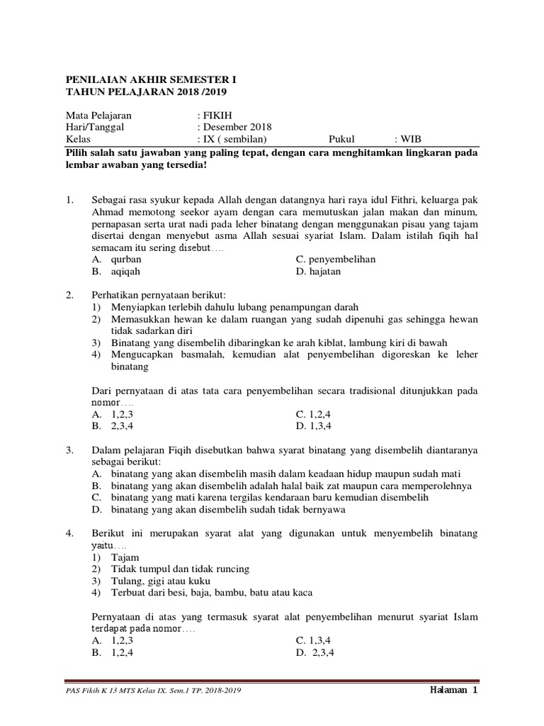 Soal Pas Fikih Kelas 9 Gasal 2018 | PDF