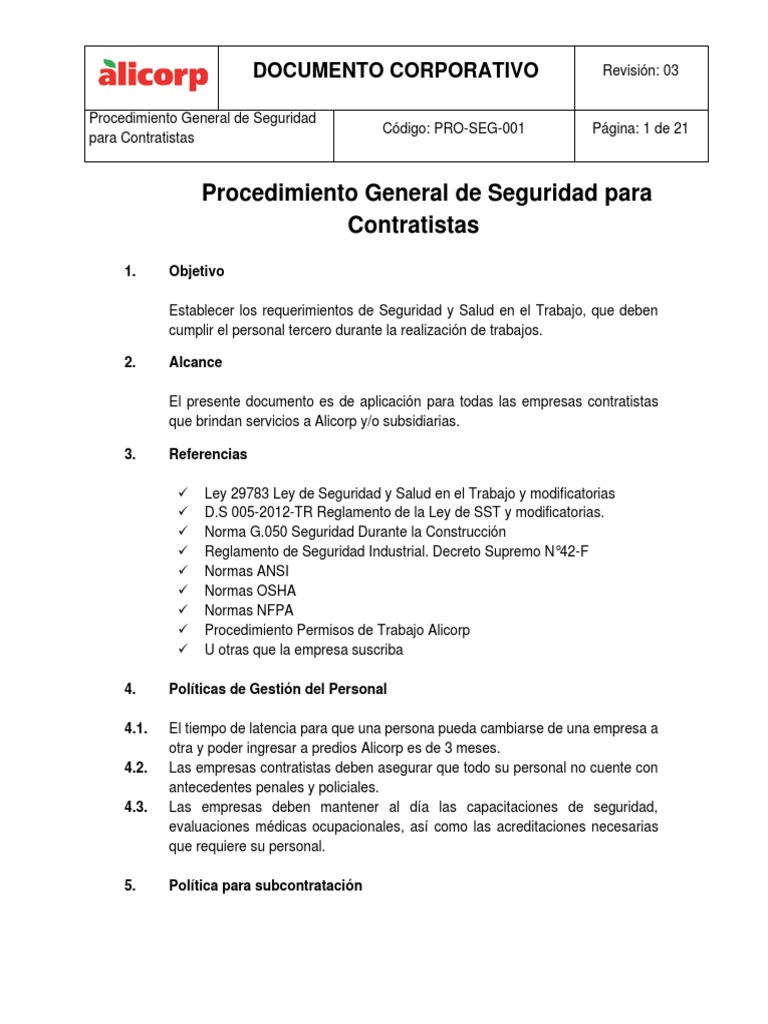 PRO-SEG-001 Procedimiento de Seguridad para Contratistas REV 3 | PDF ...