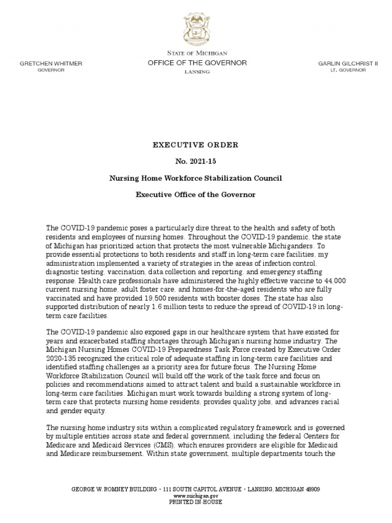 EO 2021-15, Nursing Home Workforce Stabilization Council (Final Signed ...