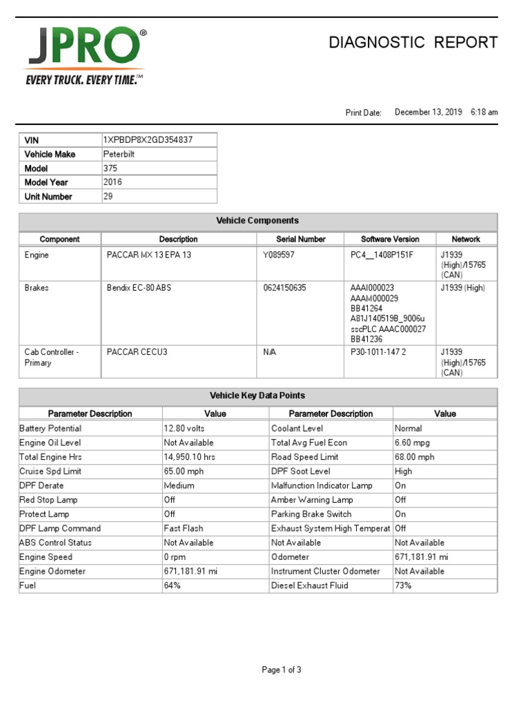Diagnostic Report: Vehicle Components | PDF | Truck | Diesel Engine