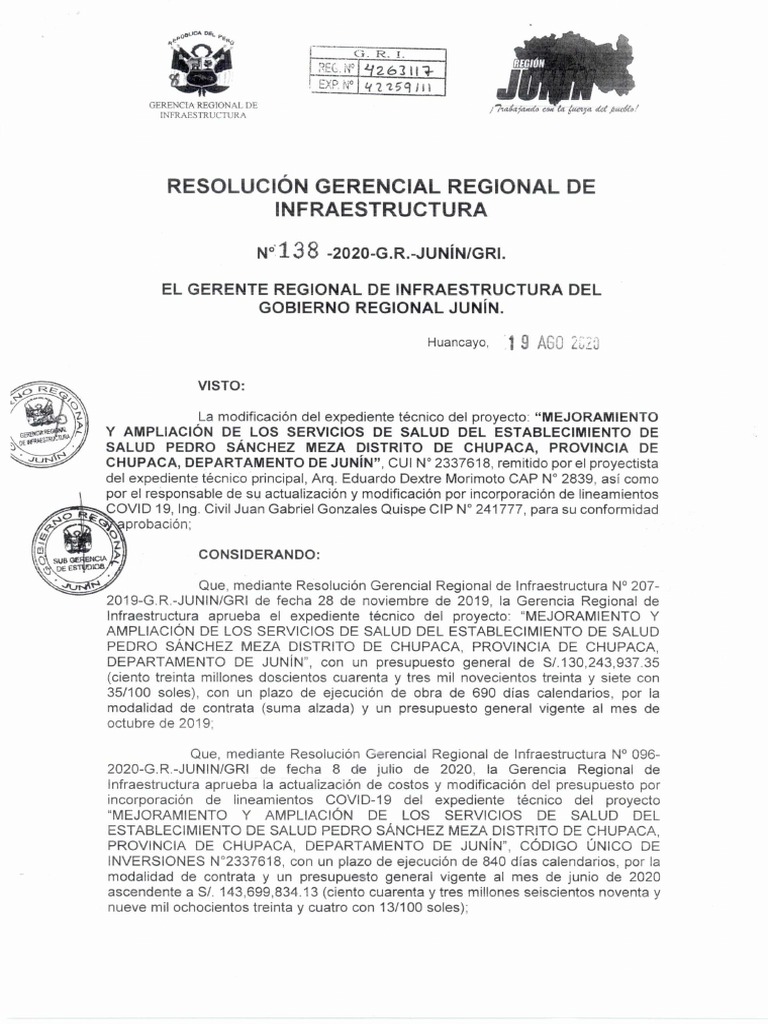 Resoluci N Gerencial Regional de Infraestructura N 138-2020-GR-JUNIN GRI - 2 | PDF | Presupuesto ...