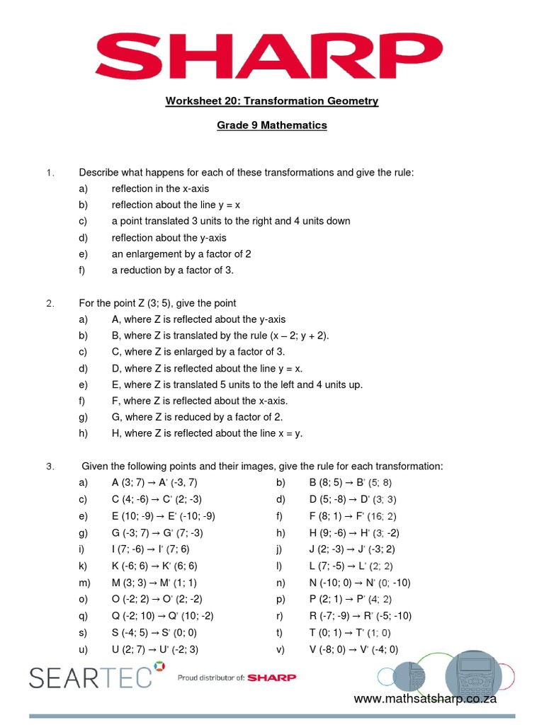 Grade 9 Transformation Geometry Worksheet | PDF | Cartesian Coordinate ...