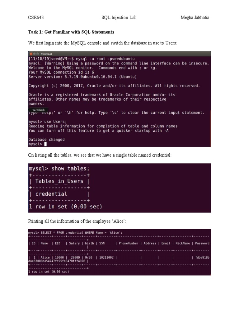 Task 1: Get Familiar With SQL Statements: CSE643 SQL Injection Lab | PDF | Security ...