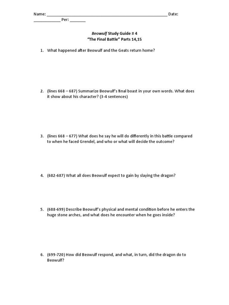 "The Final Battle" Parts 14,15: Beowulf Study Guide # 4 | PDF | Games ...