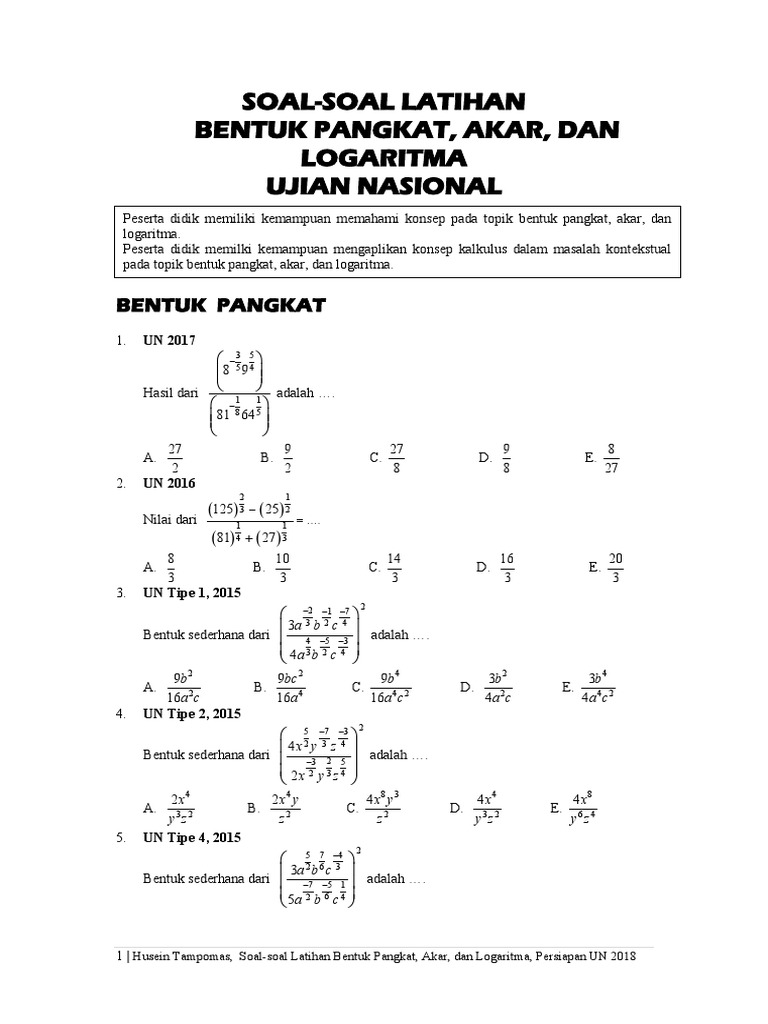Soal Soal Bentuk Pangkat Akar Dan Logaritma 20181 Pdf