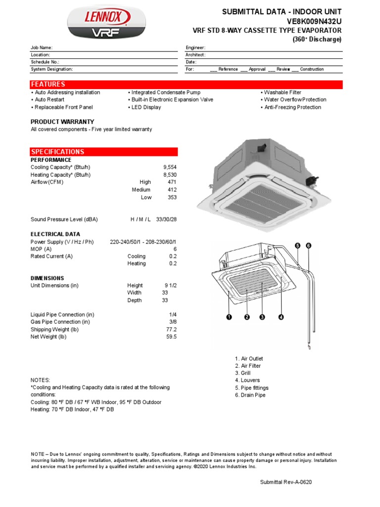 Lennox-VRF Submittals IDU VE8K009N STD | PDF | Pipe (Fluid Conveyance) | Machines