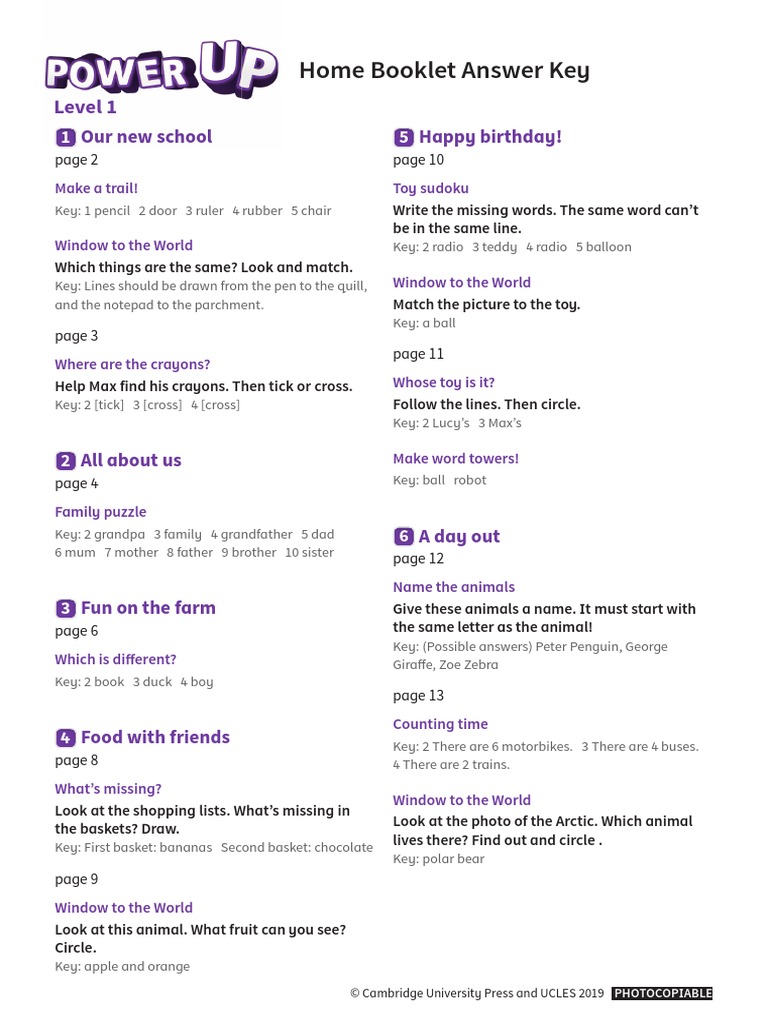 Home Booklet Answer Key: Level 1 | PDF