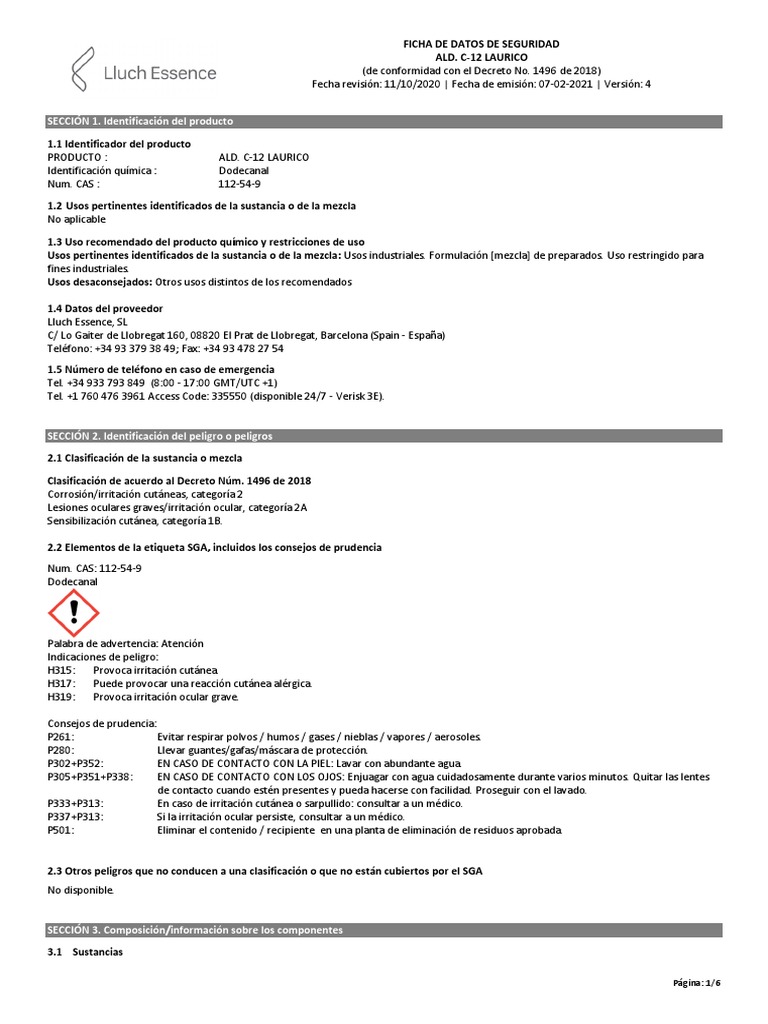 Ficha de seguridad dodecanal | PDF | Agua | Toxicidad