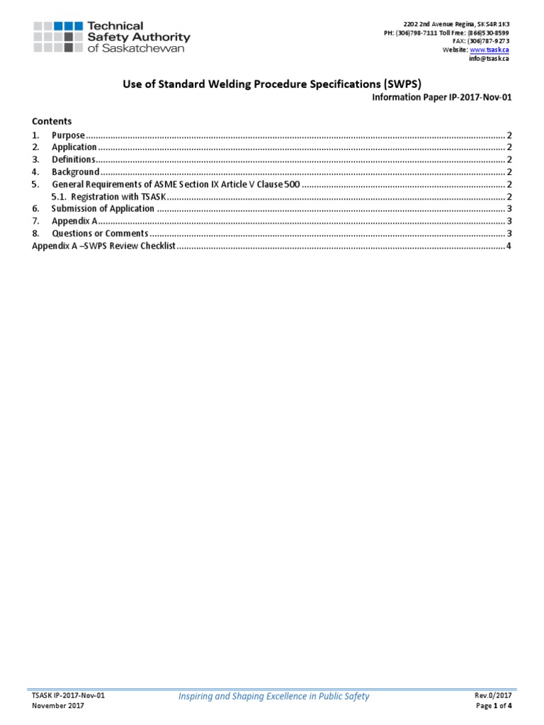 TSASK guidance on using Standard Welding Procedure Specifications | PDF ...