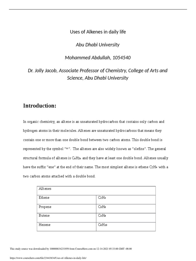 The Many Uses of Alkenes in Our Daily Lives: A Study on the Production ...