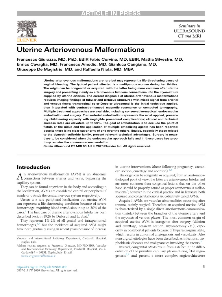Uterine Arteriovenous Malformations Pdf Interventional Radiology
