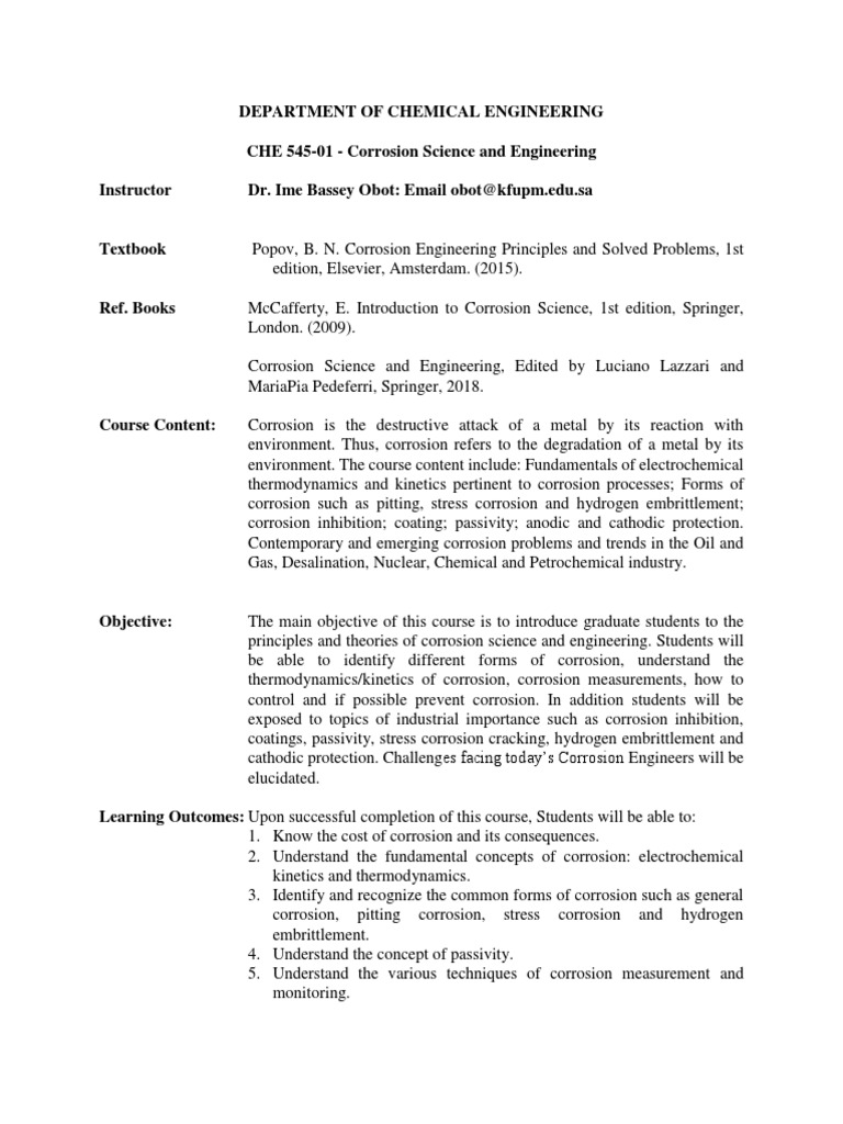 CHE 545-Course Syllabus | PDF | Corrosion | Electrochemistry