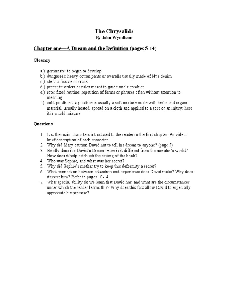 The Chrysalids: Chapter One-A Dream and The Definition (Pages 5-14 ...
