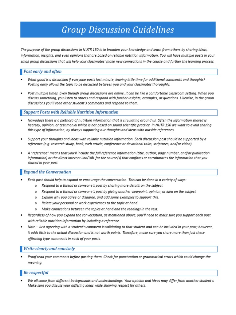 NUTR150 W02 Group Discussion Guidelines | PDF | Information | Conversation