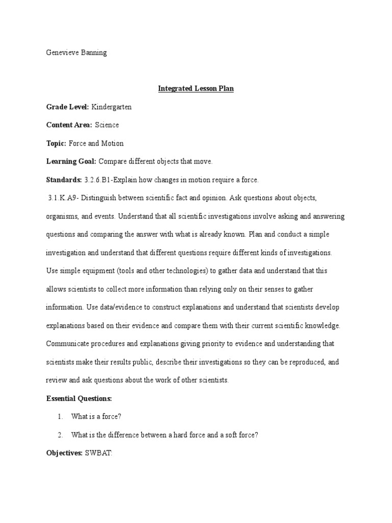 Integrated Lesson Plan Outline | Download Free PDF | Science | Force