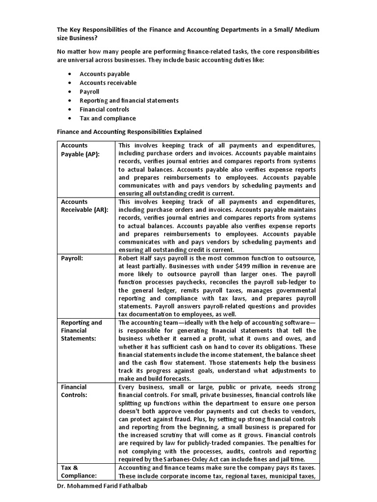 The Key Responsibilities of The Finance and Accounting Departments in A ...