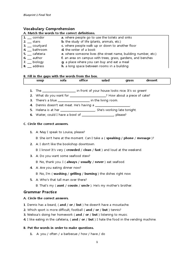 Vocabulary Comprehension: Blueprint 1 Final Test | PDF | Food And Drink ...