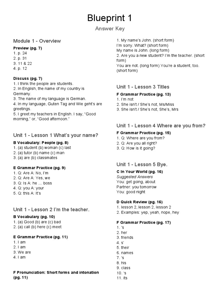Blueprint 1 Student Book Answer Key | PDF