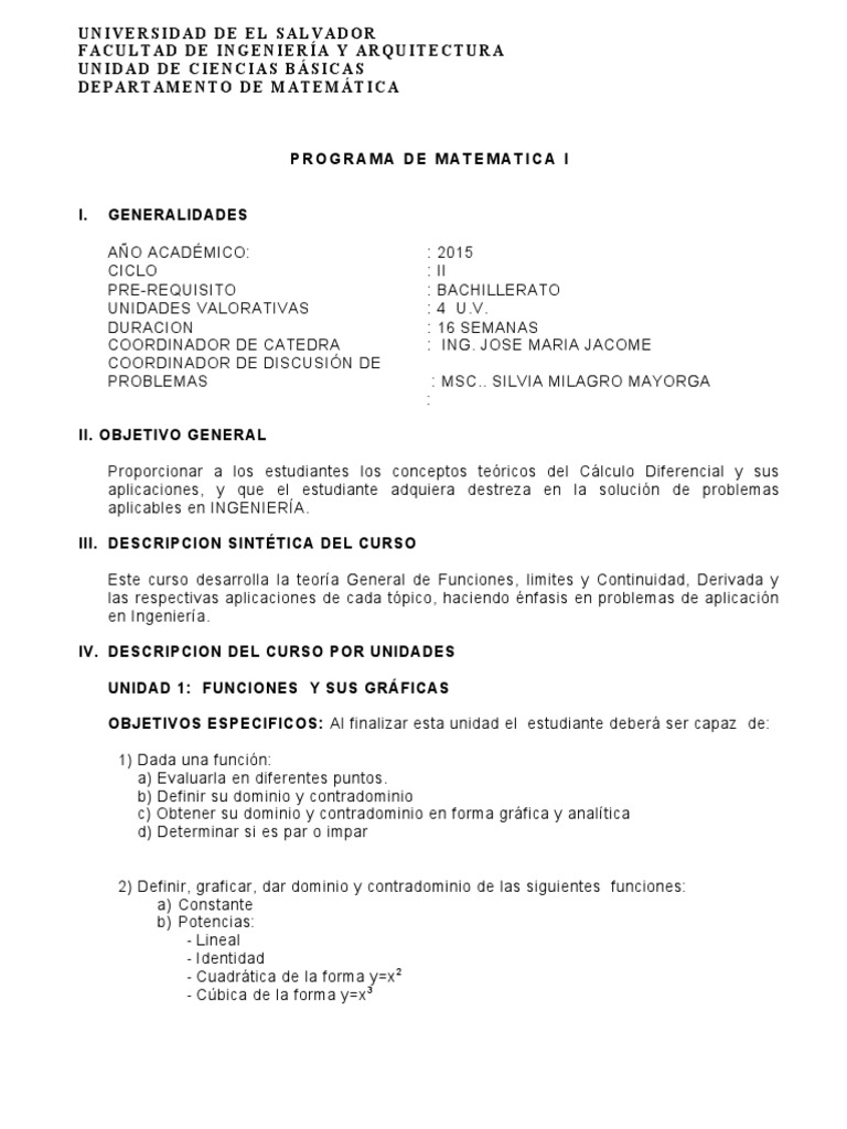 Programa de Matemática I - UES 2015 | PDF | Derivado | Asíntota