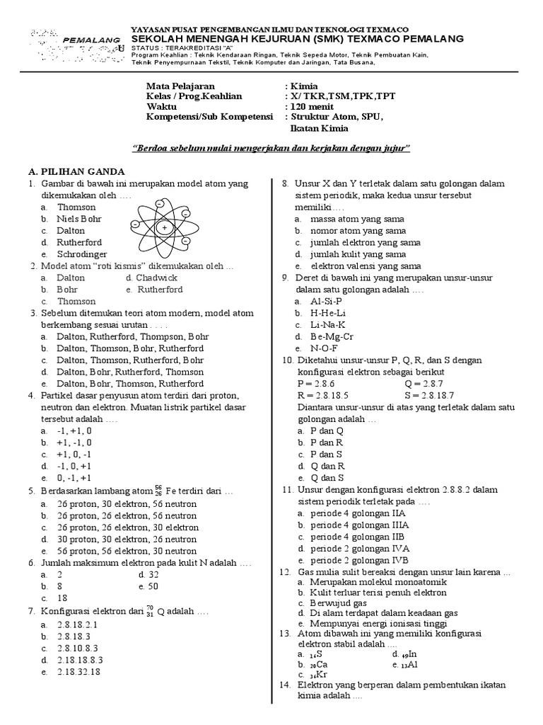 Soal Kimia X Semester Ganjil 2018-2019 | PDF | Teknologi & Rekayasa