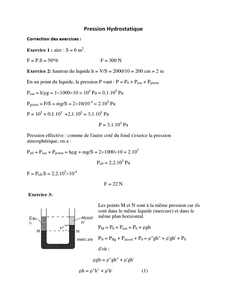 Exercice Pression Hydrostatique Corrigé (4654) | PDF | Poids | Pression