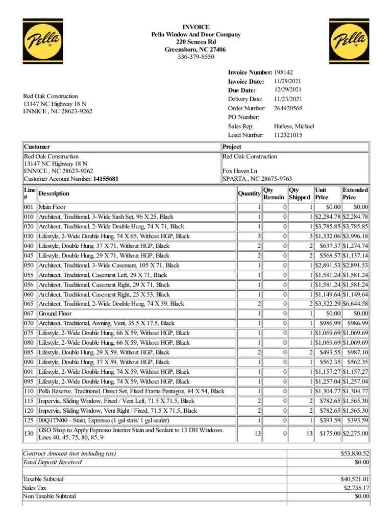 Invoice Pella Window and Door Company 220 Seneca RD Greensboro, NC ...