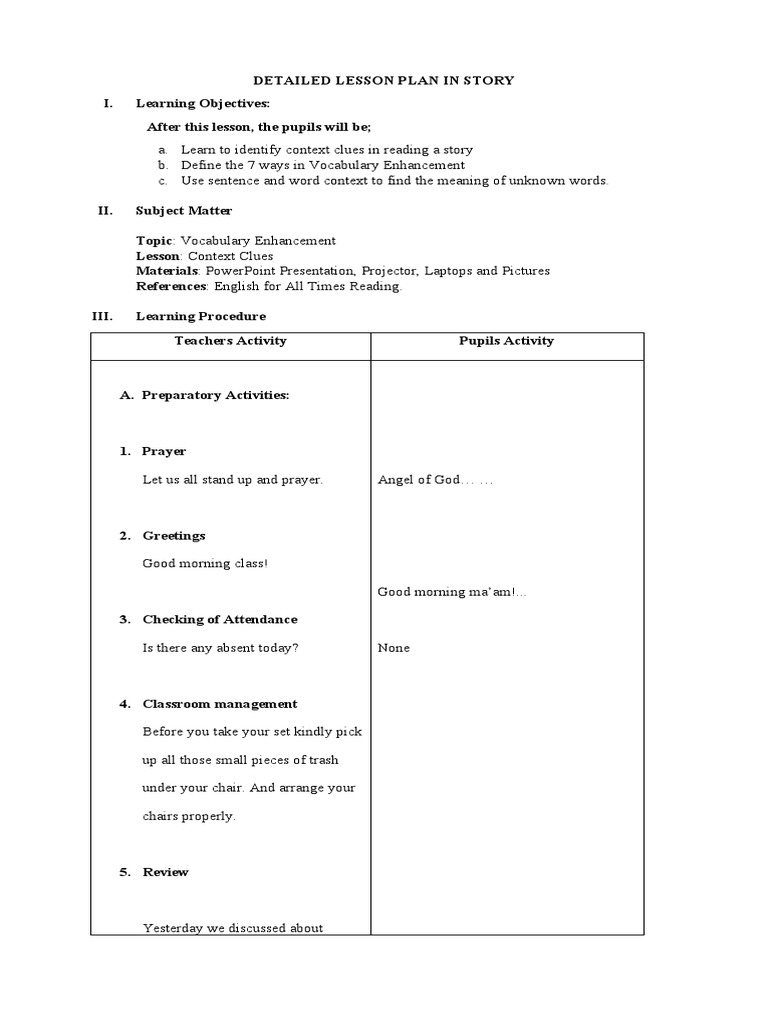Detailed Lesson Plan in Story | PDF | Vocabulary | Lesson Plan