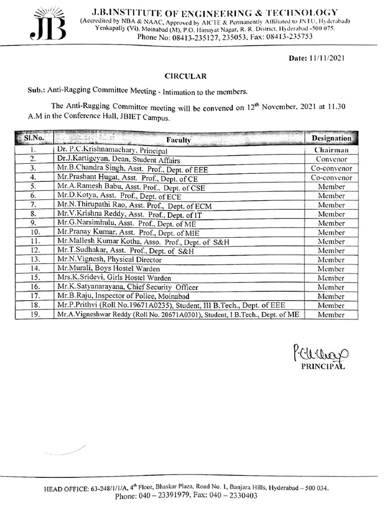 Anti-Ragging Committee Circular | PDF