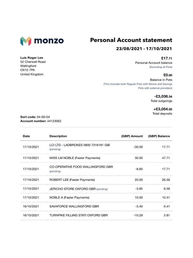 Monzo Bank Statement 2021 08 23-2021 10 17 1135 | PDF | Deposit Account ...