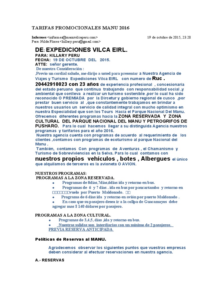 Expediciones Vilca | PDF | Industrias de servicio | Turismo