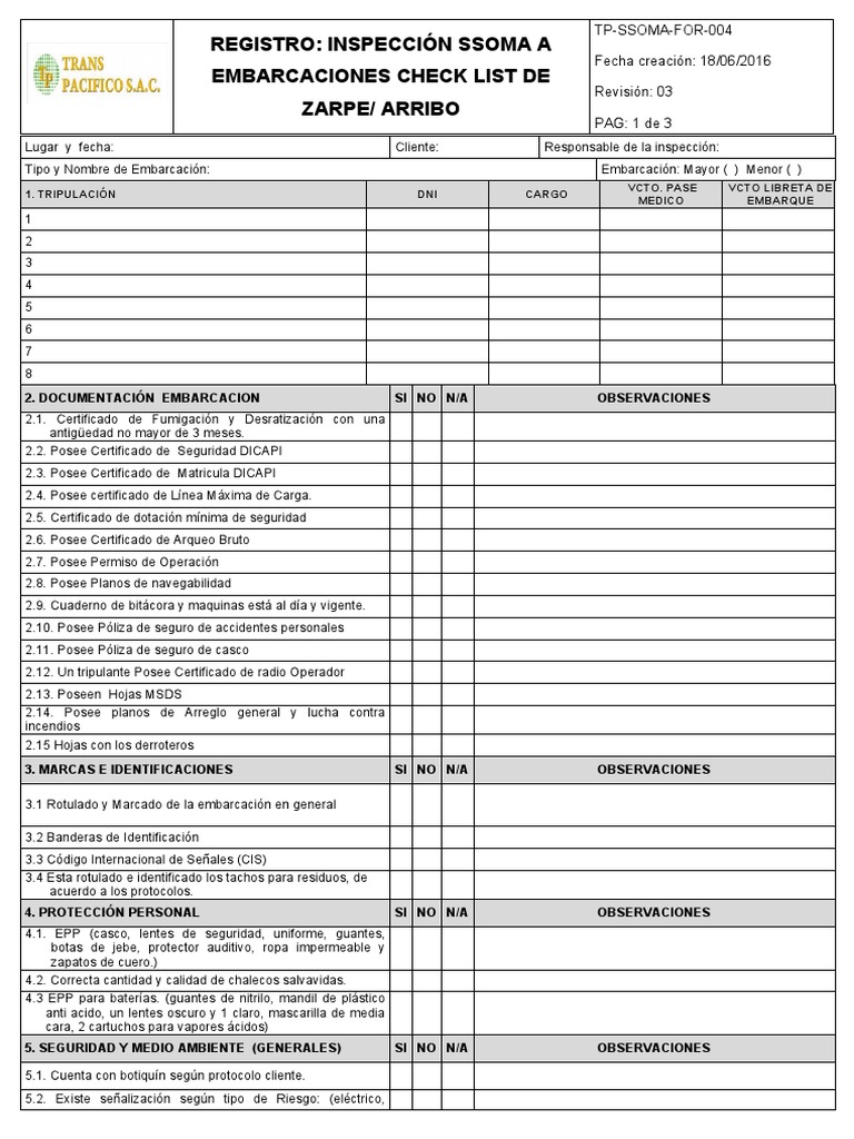TP-SSOMA-FOR-004 Inspección Embarcaciones CHECK LIST DE ZARPE | PDF TP-SSOMA-FOR-004 Inspección Embarcaciones CHECK LIST DE ZARPE | PDF