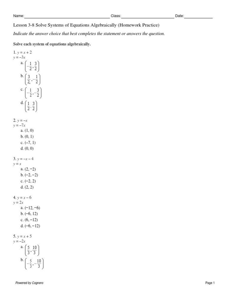 Lesson 3-8 Solve Systems of Equations Algebraically (Homework Practice ...